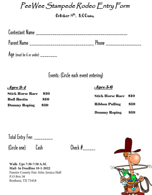 Fannin County Fair PeeWee Stampede Rodeo entry form - North Texas e-News